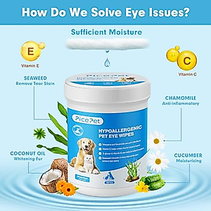 PICE PET Hypoallergenic Eye Wipes for Dog & Cats, Plant-Based Tear Stain Remover for Discharge, Crust, Allergies, Itching, Unscented,100 Count