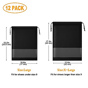 SPIKG Shoe Bags for Travel, 12 Pcs Portable Travel Shoe Bags for Packing, Shoe Organizer, Clear Drawstring Bags Non-Woven Fabric, Travel Shoe Bags for Women and Men (6 XL & 6 L) - Black