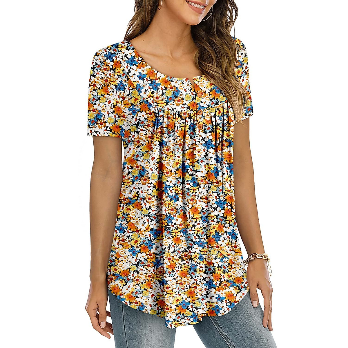 onlypuff Babydoll Tops for Women Flowy Summer Tunic Tops Casual Floral Short Sleeve Flowy Tops to Hide Belly Blouse Yellow S