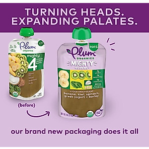 Plum Organics Mighty Morning Organic Toddler Food - Banana, Kiwi, Spinach, Greek Yogurt, and Barley - 4 oz Pouch (Pack of 12) - Organic Fruit and Vegetable Toddler Food Pouch