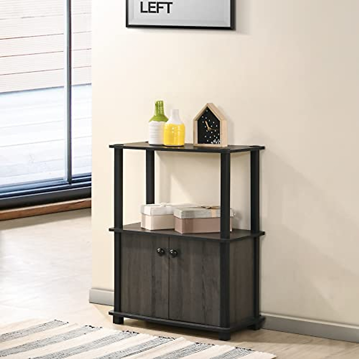 Freestanding Three Shelf Double Door Storage Floor Cabinet, Multi Room Use, Espresso Woodgrain Finish, No Tools Required, 23.75 Inch Width x 11.75 Inch Depth x 29.75 Inch Height