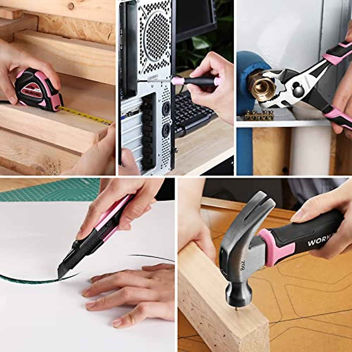 WORKPRO Pink Tool Set with 3.7V Rotatable Electric Screwdriver, 18PCS Portable Ladies Home Tool Kit with Toolbox, Cordless Electric Screwdriver Kit, Household tool kit for Dorm, Apartment -Pink Ribbon