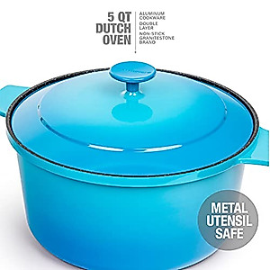 Granitestone Dutch Oven, 5 Quart Ultra Nonstick Enameled Lightweight Aluminum Dutch Oven Pot with Lid, Round 5 Qt. Stock Pot, Dishwasher & Oven Safe, Induction Capable, Healthy 100% PFOA Free, Blue