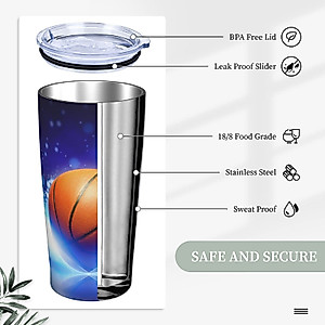 Dujiea 20oz Tumbler With Lid And Straw, Basketball And Blue Light Vacuum Insulated Iced Coffee Mug Reusable Travel Cup Stainless Steel Water Bottle