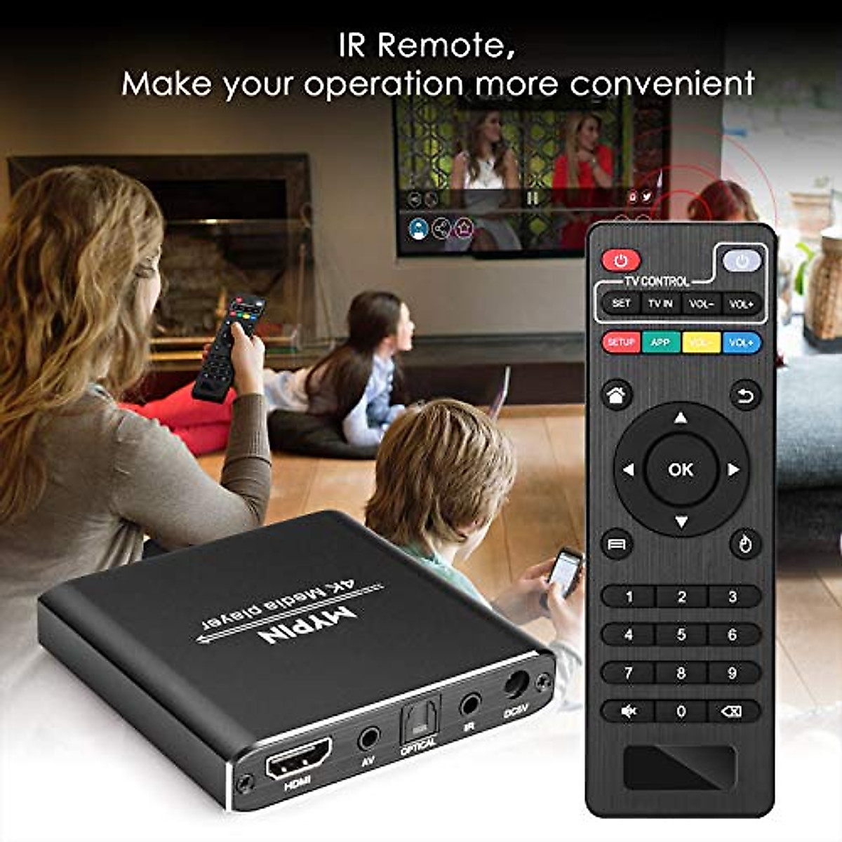 4K Media Player with Remote Control, Digital MP4 Player for 8TB HDD/USB Drive/TF Card/H.265 MP4 PPT MKV AVI Support HDMI/AV/Optical Out and USB Mouse/Keyboard-HDMI up to 7.1 Surround Sound (Black)