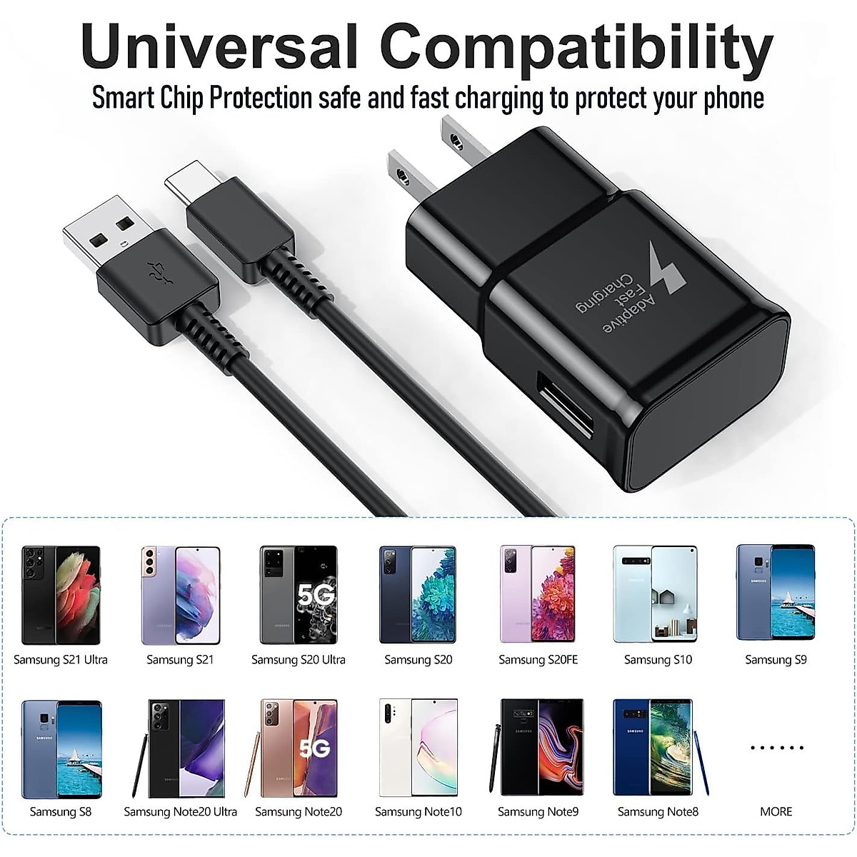 Adaptive Fast Charging Block with 6.6FT USB Type C Cable Compatible with Samsung Galaxy S9 S9 Plus S8 S8+ S10 S10e Note 8 Note 9 A32, A40, A41, A42, A50