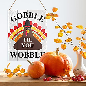 Thanksgiving Wall Art Decor, Thankful Decorations Fall Hanging Sign for Home Front Door Porch Turkey Farmhouse Autumn Thanksgiving Rustic Decor Wooden Plaque, Gobble Til You Wobble