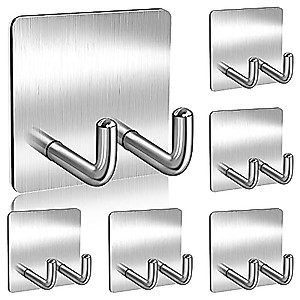ranslen 6 Pcs Premium Heavy Duty Adhesive Hooks with Double Hooks Wall Hangers for Bathroom, Self Stick Hooks for Hanging Heavy Duty, Self Adhesive Razor Holder for Shower Wall Straight