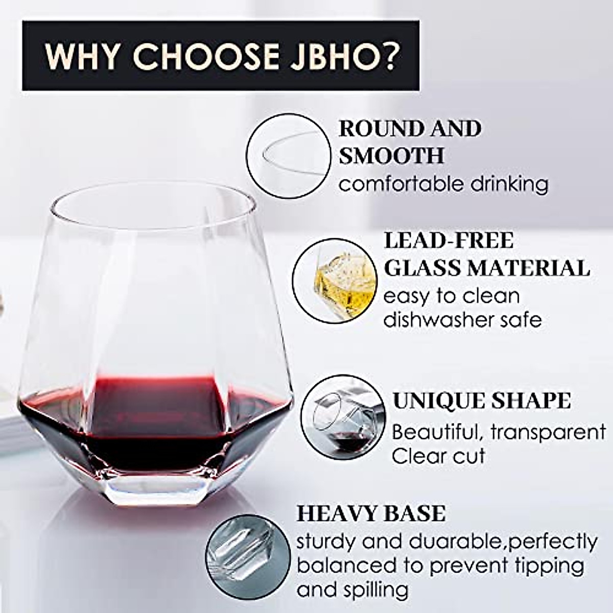 JBHO Stemless Wine Glasses Set of 6, Red or White Small Wine Glass set, 10oz Diamond Shaped, Unique Short Tumblers, Cocktail Glass, Nice Gift-Packaging for Housewarming, Birthday,Valentine,NewYear