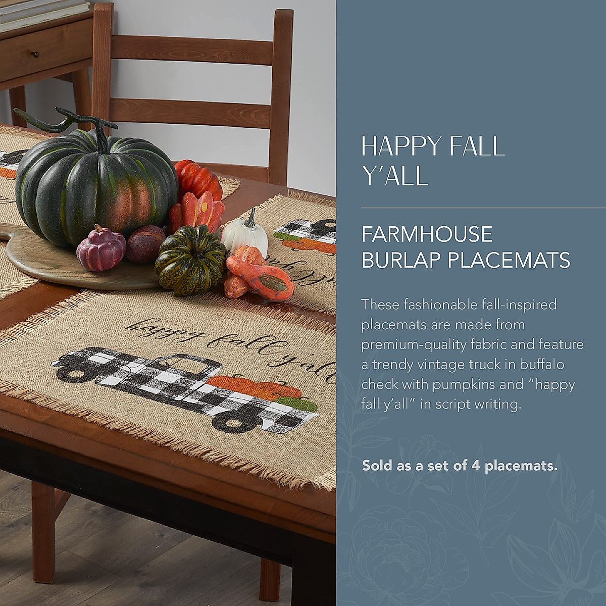 Elrene Home Fashions Happy Fall Y'all Autumn Burlap Placemat Set, 13" x 19", Set of 4, Multi