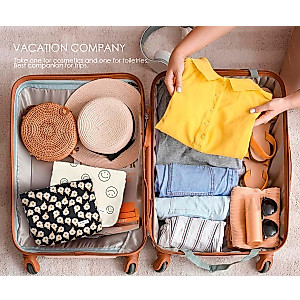 MOMOJULI Corduroy Makeup Bag Cosmestic Bag Large Capacity Ladies Women Aesthetic Make Up Organizer Accessories Zipper Pouch Purse （Beige+Black Flowers）