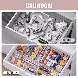 Homhut Plastic Drawer Organizers, 18 PCS Bathroom Drawer Organizer Bins, Desk and Vanity Organizer Plastic Tray, Makeup organizer and storage for Bedroom, Kitchen Gadgets Utensils and Office (Pink)