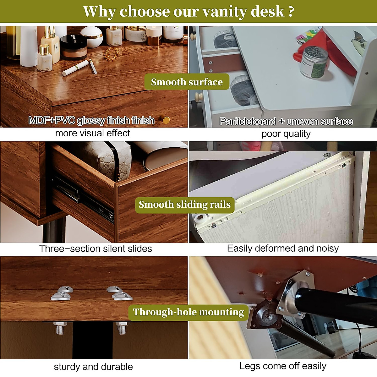 sbdmirau Vanity 35" W, Vanity Desk with Round Mirror and Lights, Brown Vanity Makeup Table with Chair, with Open Compartment and 3 Drawers, 3 Lighting Modes Gift for Girls and Women Brown Vanity