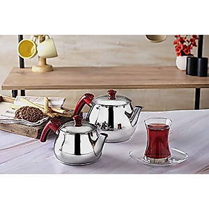 DESTALYA Turkish Teapot Set, Stainless Steel Double Tea Pots for Stove Top, Tea Maker with Strainer, Samovar Style Tea Kettle, Water Heater Warmer (Mini with Red Handles)