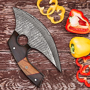 RC Damascus ULU Knife with Free Leather Sheath-7.4"Handmade Pizza Cutter with Non-Slip Handle-Alaskan Ulu Knife Used For Multi-Purpose And Gifting"Your SATISFACTION its ultimate goal!