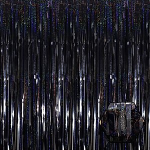 3 Pack Black Foil Fringe Curtain Backdrop, 3.28Ft x 8.2Ft Metallic Tinsel Foil Fringe Streamer Curtains for Photo Booth, Valentine's Day, Birthday, Wedding, New Year Party Decorations