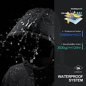 CAMEL CROWN Men's Winter Coats Mountain Waterproof Ski Jacket Warm Fleece Jacket with Detachable Hood Windproof Rain Jacket Black 2XL