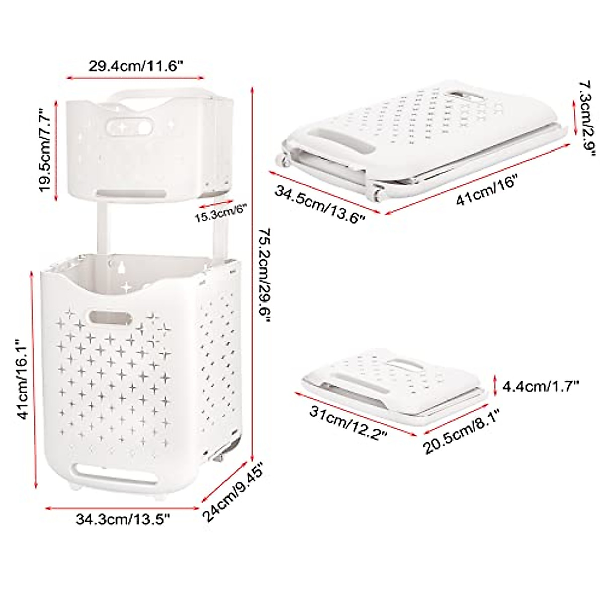 BTSKY Plastic Collapsible Laundry Baskets Wall Hanging Dirty Clothes Hamper with Hidden Pull-rod Multifunctional Plastic Laundry Baskets for Laundry Room Organization Bathroom Hotel and Camping, White