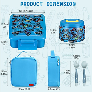 JXXM Bento Lunch Box for Kids With 8oz Soup thermo,Leak-proof Lunch Containers with 5 Compartment,thermo Food Jar and Lunch Bag, Food Containers for School (A-Blue(Extreme Locomotive))