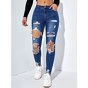 Floerns Women's Cut Out Ripped Jeans Raw Hem High Waist Skinny Denim Pants Blue S