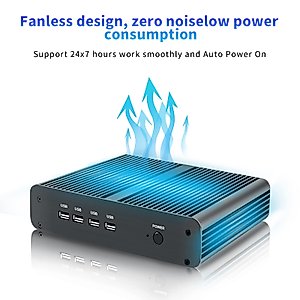 Fanless Mini PC, Kinupute Desktop Computer i7-8565U 1.8-4.6GHz, Windows 11 Pro, 16G DDR4, 256G M.2 SSD, Iris Xe Graphics, HDMI/DP, Dual Display, 4K@60Hz, Gigabit Ethernet, BT5.1, WiFi 6, Auto Power On