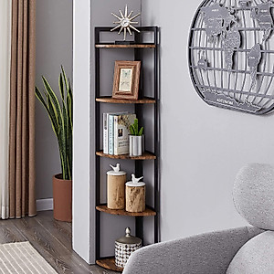 SUPERJARE Corner Shelf, Industrial 5-Tier Wall Corner Bookshelf with Metal Frame, Corner Shelf Stand Display Plant Flower, Corner Bookcase for Home, Office, Kitchen - Rustic Brown