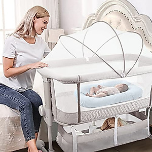 HAHASOLE Bedside Sleeper for Baby, Portable Bassinets for Safe Co-Sleeping, Easy Assemble Baby Crib with Storage Basket & Mosquito, Adjustable Bedside Bassinet for Newborn