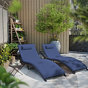 Kullavik Lounge Chair for Outside,3 Pieces Chaise Lounge Outdoor Folding Pool Lounge Chairs including Table Rattan Patio Furniture Set,Dark Blue