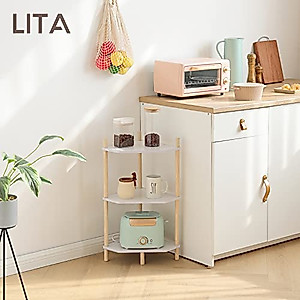 LITA Modern Wood Side Table, Triangular Accent End Table Plant Night Stand with Magazine Storage for Bedroom, Living Room, Bathroom, White, 3- Tier
