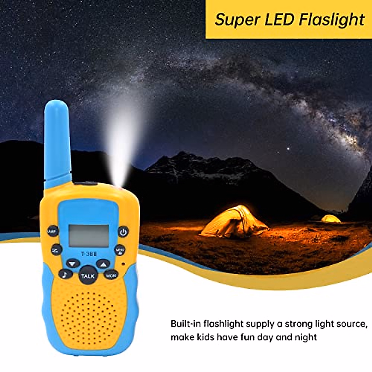 SUNET 2 Pack Battery Operated Walkie Talkies for Kids with 22 Channels 2 Way Radio 6 KMS Long Rang, Toy for 3-12 Year Old Boys Girls, with Backlit LCD Flashlight for Camping Outdoor (Yellow-Blue)