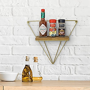 MyGift Wall Mounted Burnt Wood Floating Shelf with Brass Metal Rectangular Frame, Decorative Hanging Display Wall Decor