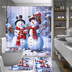 XVWJ 4Pcs Christmas Tree Snowman Shower Curtain Set with Rugs, Dreamy Snowman Couples Bathroom Set with Shower Curtains with Hooks, Waterproof Fabric Christmas Bathroom Decorations Shower Curtain Set