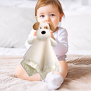 BEILIMU Dog Security Blanket Soft Lovey Baby Stuffed Animal with Satin Backing for Newborn Boys and Girls, Lovely Unisex Puppy Snuggle Toy, Khaki 14 Inch
