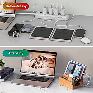 Pezin & Hulin Bamboo Charger Station for Multiple Device (Included 5 Port USB Charger, 6 Pack Charging Cables, Watch & Earbuds Stand), Desktop Electronic Organizer for Cell Phone, Tablet