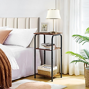 Tajsoon Tall End Table 3 Tier 30 Inch Narrow Side Table with Storage Shelves, Small Table Stand for Small Spaces with Metal Frame, Small Sofa Table for Living Room, Bedroom, Office, Rustic Brown