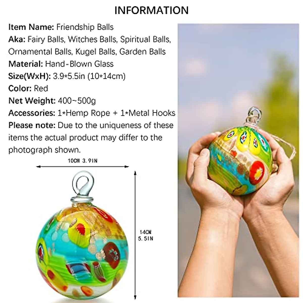 6" Garden Hanging Friendship Balls Gazing Balls Window Outdoor Witch Ball Hand-Blown Glass Ornament