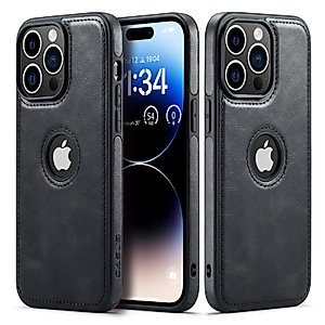 Casus Designed for iPhone 14 Pro Max Case Vegan Leather Slim Logo View Classic Luxury Elegant Thin Protective Cover (2022) 6.7" (Black)