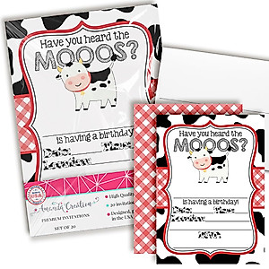 Heard the Moos Red Cow-Themed Birthday Party Invitations for Kids, 20 5x7 Fill In Cards with Twenty White Envelopes by AmandaCreation