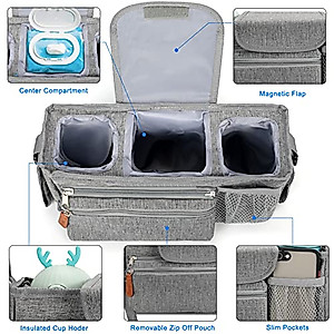 Universal Stroller Organizer, 2 Cup Holders & Detachable Bag with Shoulder Strap Stroller Bag for Bottle, Diaper, Phone, Toys, Baby Items, Design Fit All Strollers (Grey)