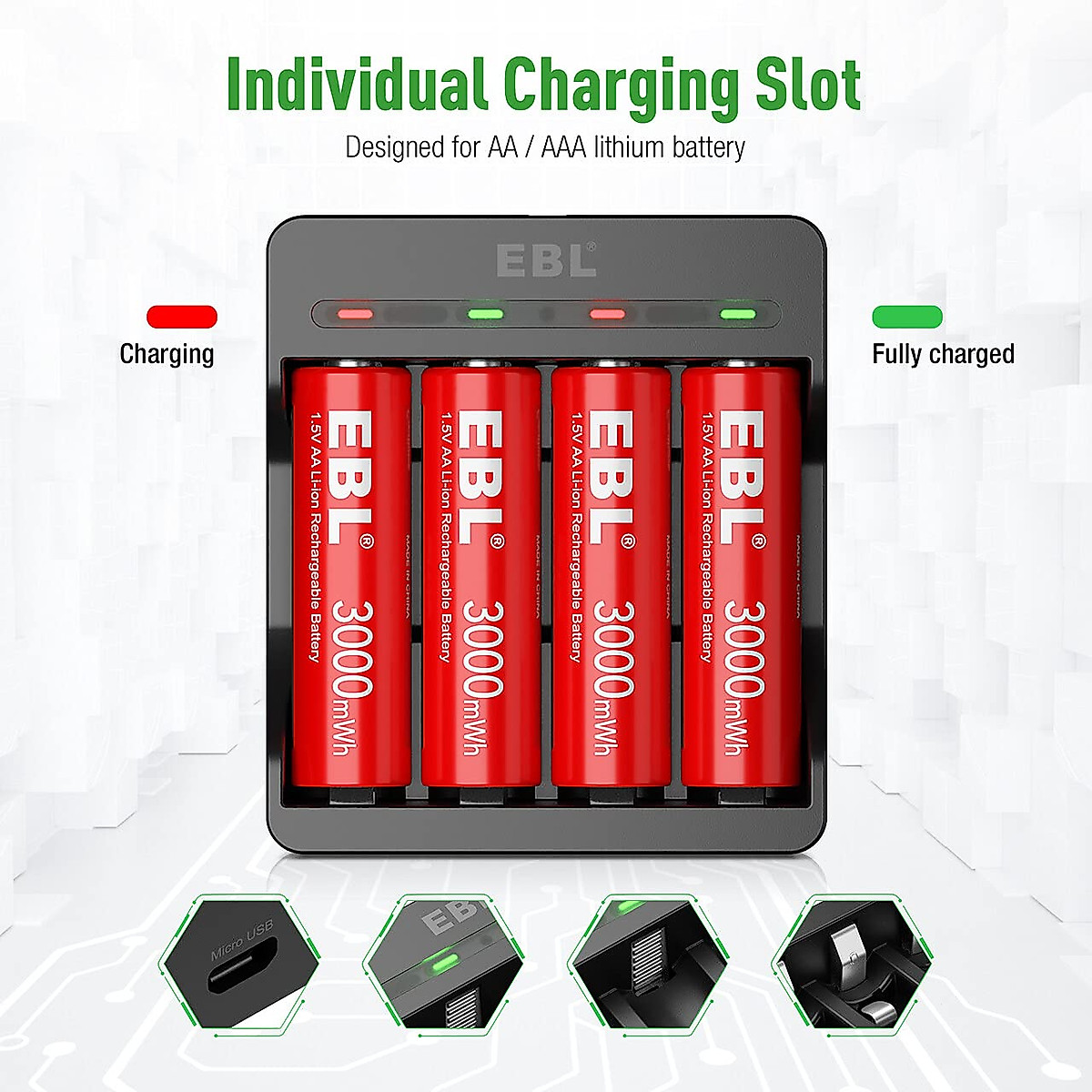 EBL 4 Pack 1.5V Rechargeable Lithium AA Batteries with USB Input Charger, 3000mWh Li-ion AA Batteries Long Lasting Double A Battery
