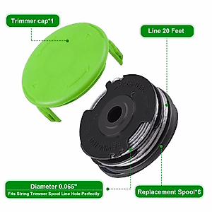 2900719 Dual Line Trimmer Replacement Spool Compatible with Greenworks 2101602A and 2101602, Replacement Spool 20ft 0.065" 7-Pack (6-Line Spool + 1 Cap)