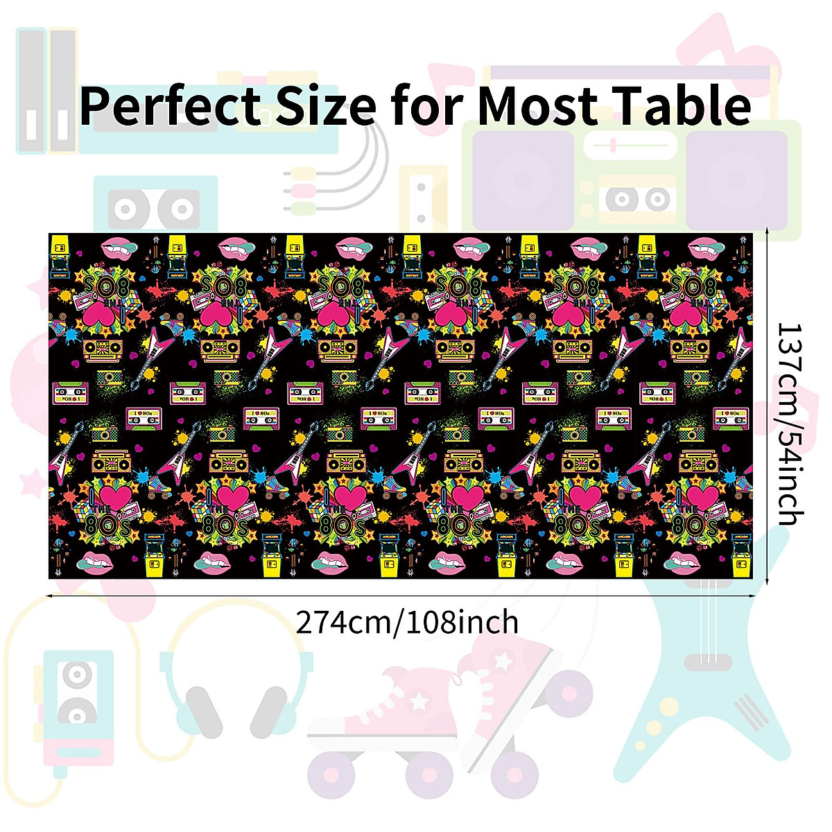 FunHot 80s Tablecloths, 4 Pcs 54 x 108 Inch Waterproof Black Print Rectangular Table Covers for 80s Nostalgia Party Decorations