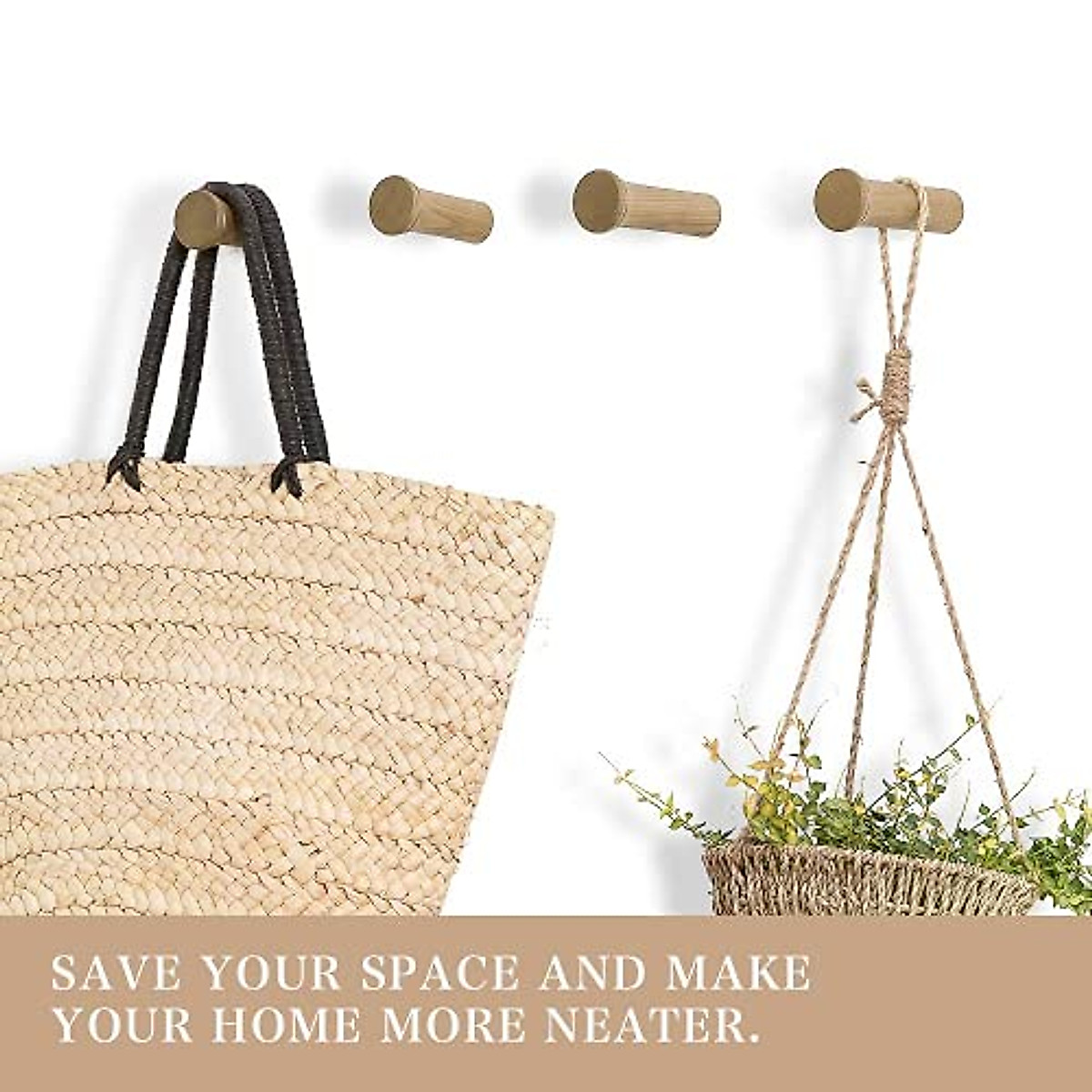 INMAN Wall Hooks, Wall Mounted Coat Hooks - 2.36'' Length Natural Wood Pegs, Entryway Wall Hangers Hooks for Hanging Coats, Hats, Bags and Towels, Pack of 4, Oak