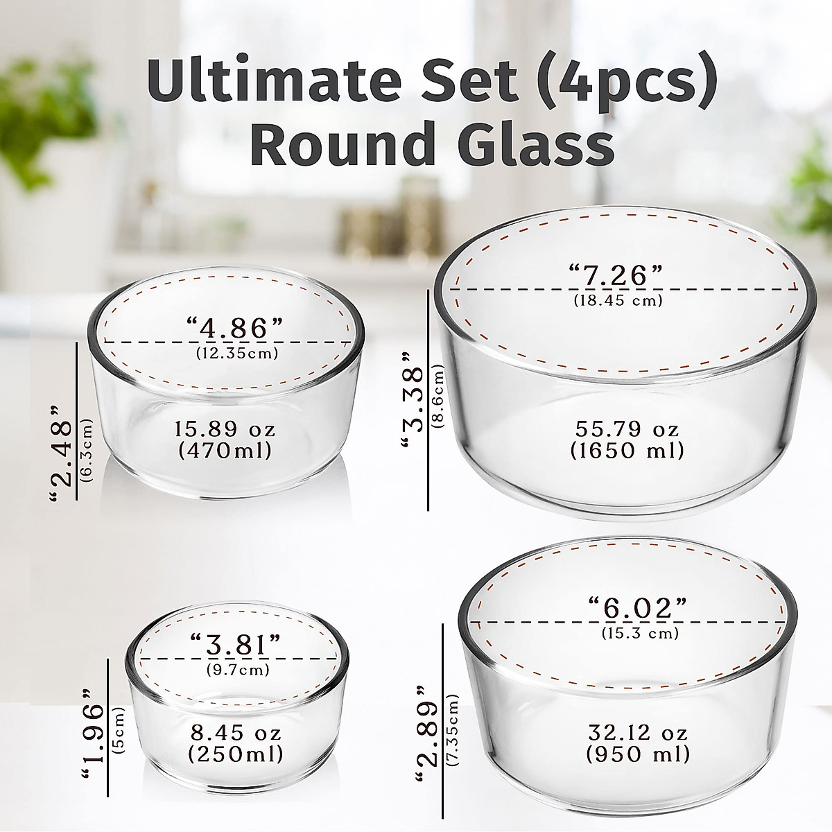 Razab 12 Pc Glass Food Storage Container Set with Lids 7, 4, 2 &1 Cup Round Meal Prep, Secure Lid Containers for Lunch & Leftover Ideal for Baking, Storing BPA Free Leak Proof Oven & Dishwasher Safe
