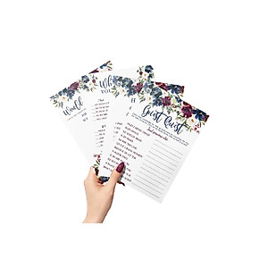 Your Main Event Prints Navy and Burgundy Floral Bridal Shower Bachelorette Games - He Said She Said, Find The Guest Quest, Would She Rather, What's in Your Phone - 25 - Printed Front and Back