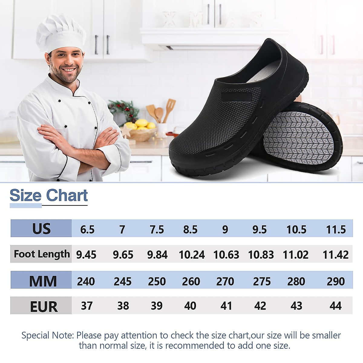 Slip Resistant Chef Shoes for Men Comfortable Waterproof Kitchen Women Holeless Clogs Indoor Outdoor Restaurant Nurse Garden Dishwasher Zapatos De Cocina para Hombres Black/Size 9.5