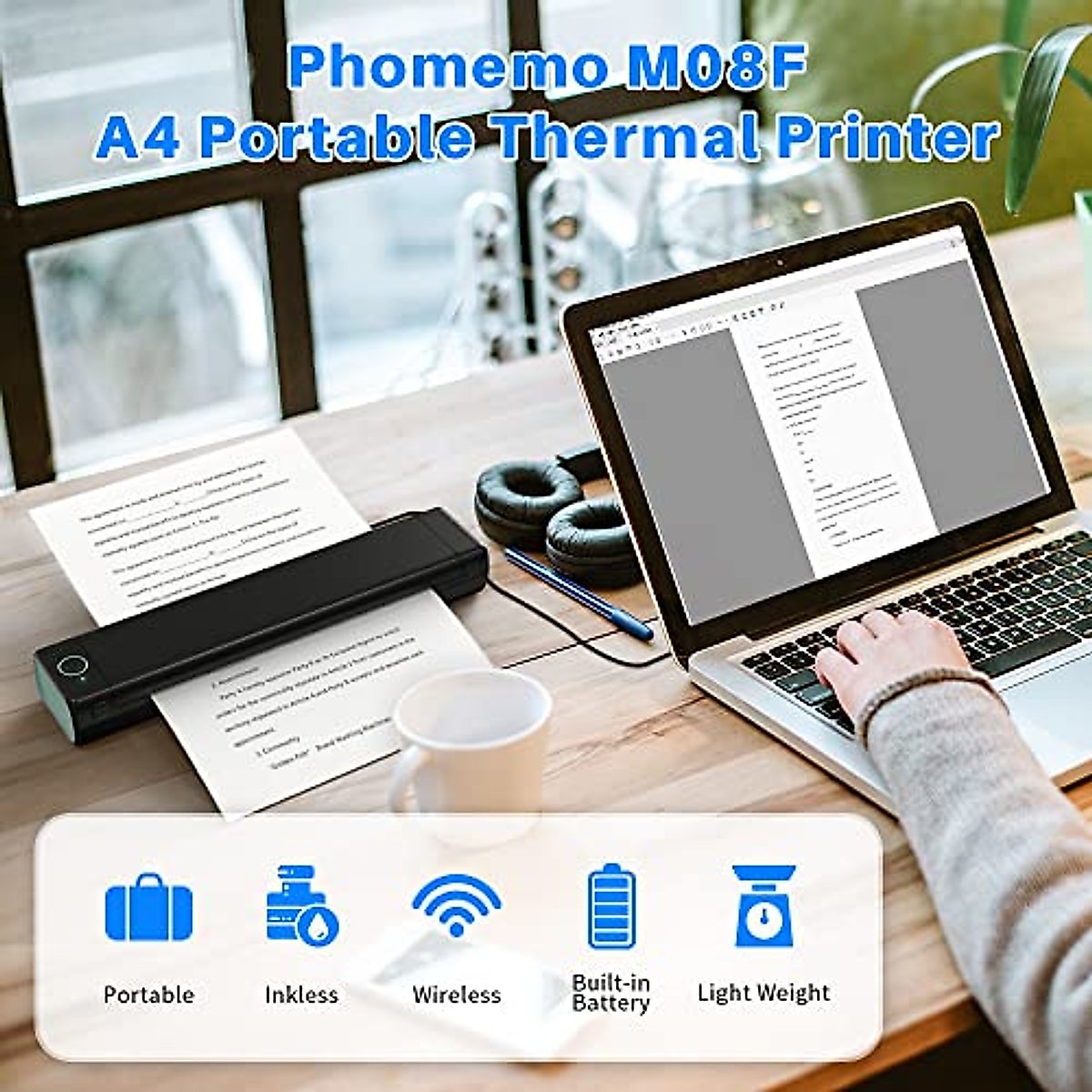 Phomemo M08F A4 Portable Thermal Printer + 8.26"x11.69" A4 Thermal Paper 200 Pcs, Wireless Mobile Travel Printers for Car & Office, Bluetooth Printer Compatible with Android and iOS Phone & Laptop