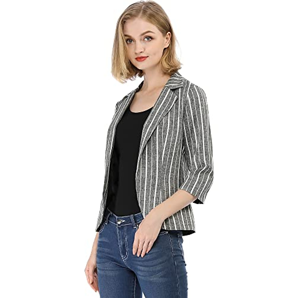Allegra K Women's Striped 3/4 Sleeves Open Front Notched Lapel Blazer M Black