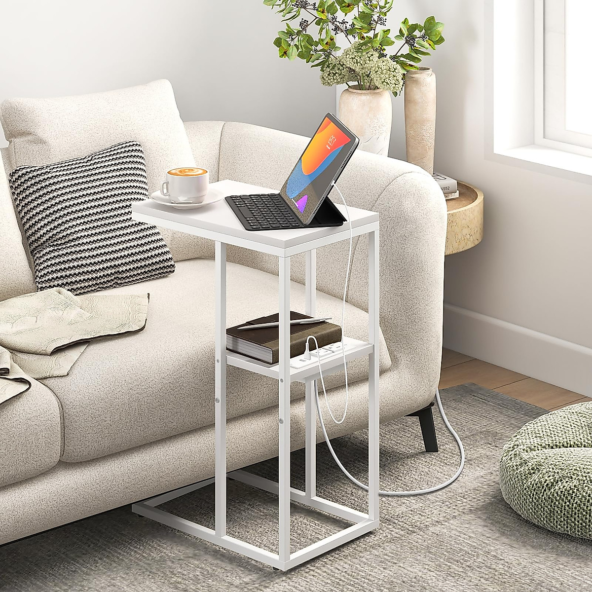 Yoobure C Shaped End Table with Charging Station, Small Side Tables for Living Room Bedroom, Sofa Table with USB Ports and Outlets for Small Spaces, Couch Table Rustic Snack Table Bed Side Table