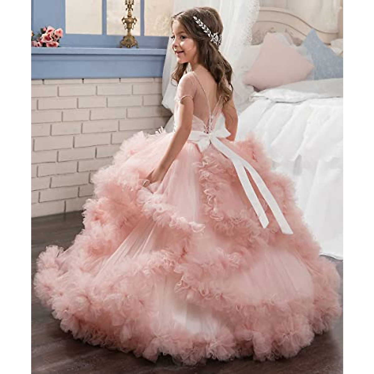 Stunning V-Back Luxury Pageant Tulle Ball Gowns for Girls 2-12 Year Old Pink,Size 10